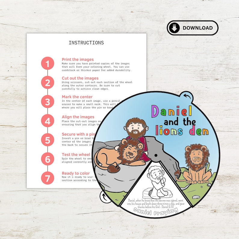 Daniel and the Lions Den Coloring Wheel | Bible Story Wheel | Printable ...