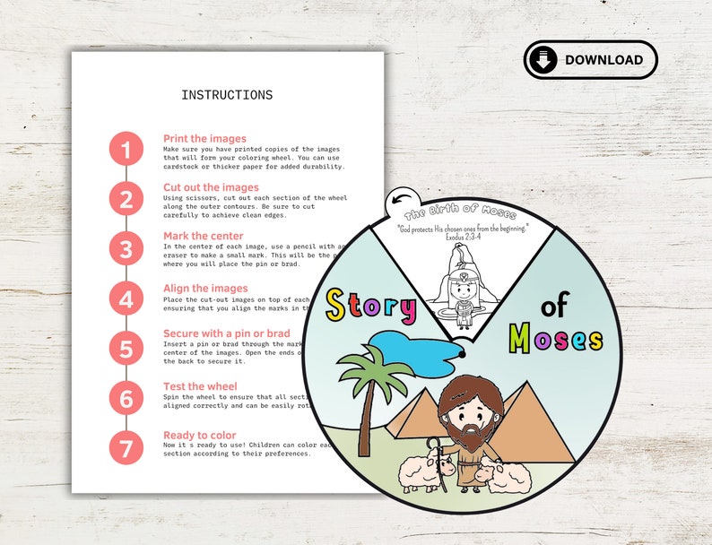 Story of Moses Coloring Wheel, Bible Coloring Wheel, Printable Bible ...