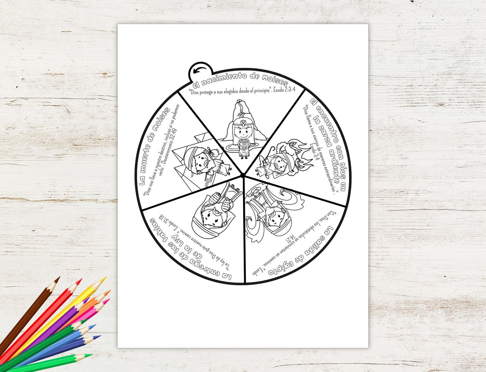 Story of Moses Coloring Wheel SPANISH, Bible Coloring Wheel, Printable ...