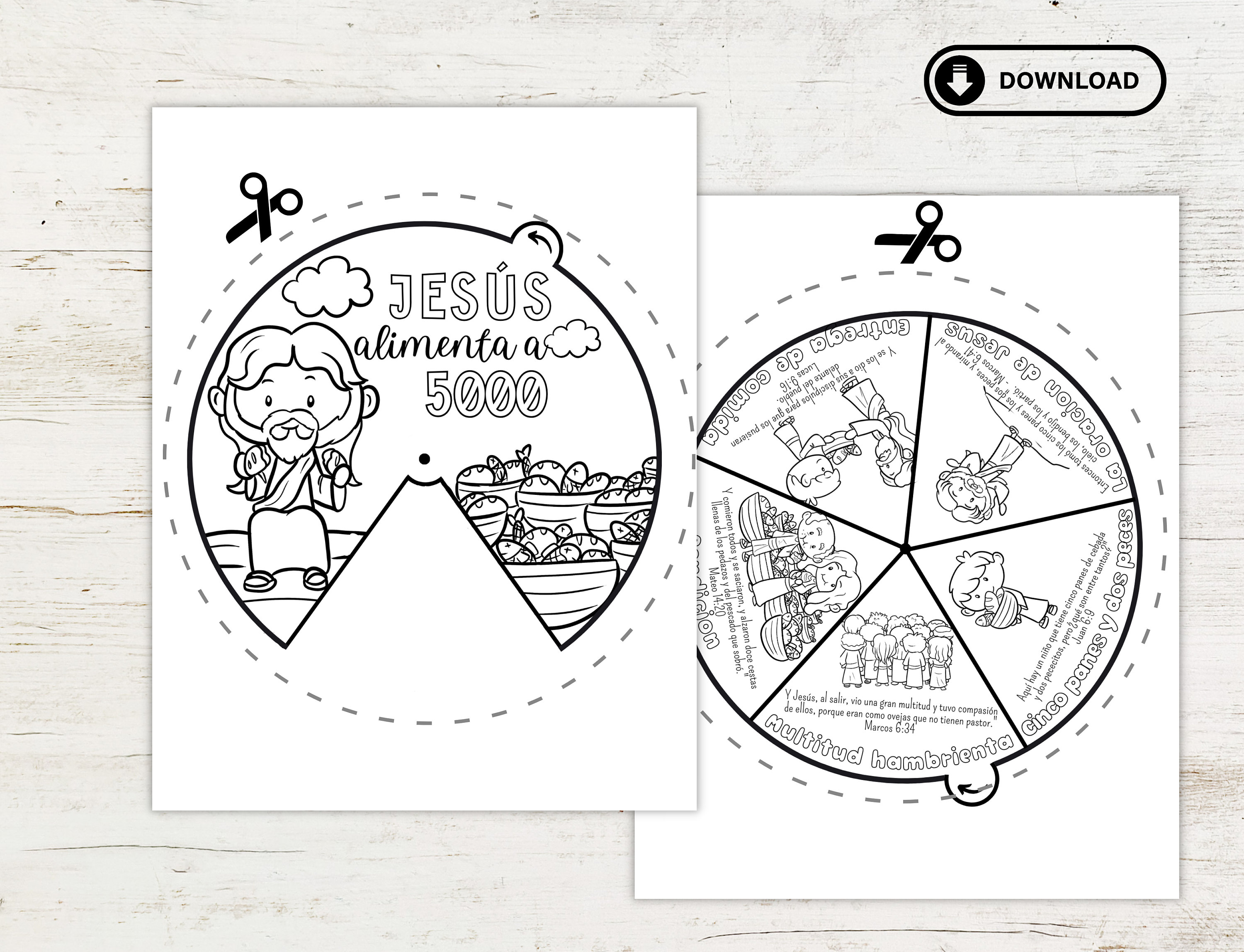 Jesus Feeds 5,000 Coloring Wheel IN SPANISH, Jesus Miracle Coloring ...