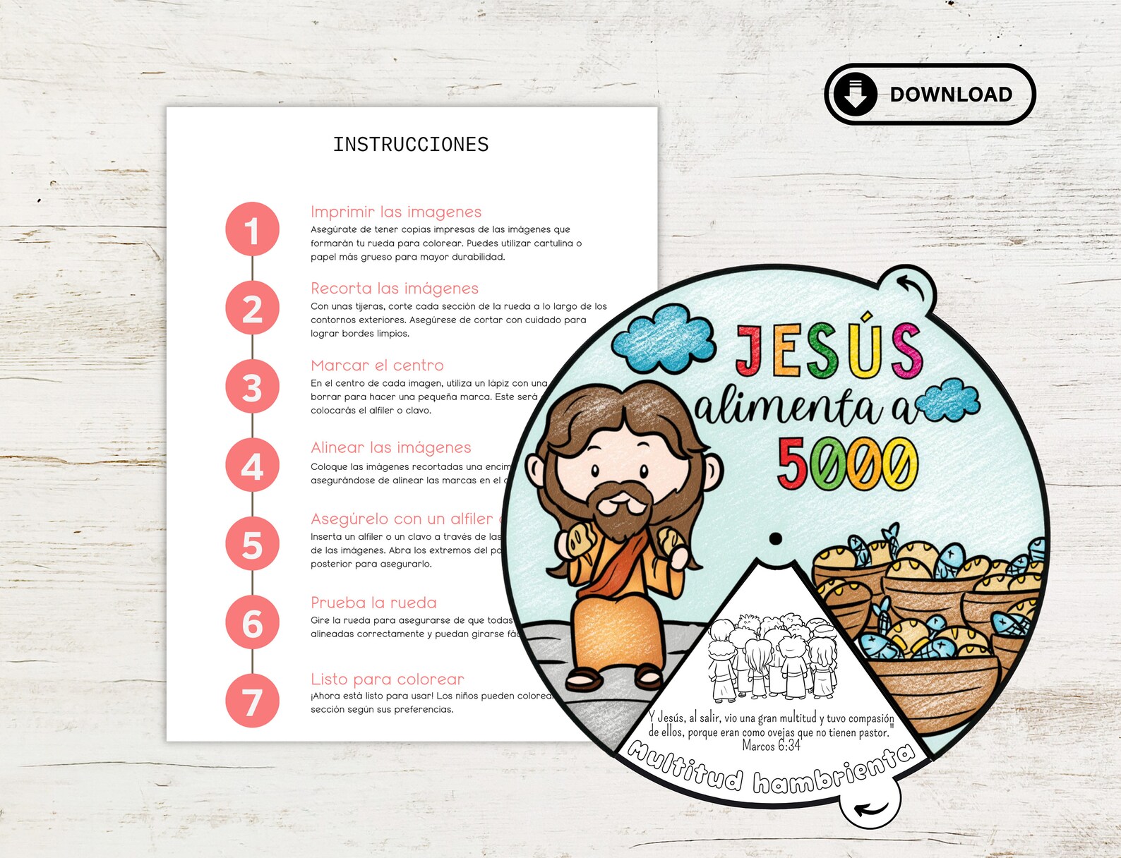 Jesus Feeds 5,000 Coloring Wheel IN SPANISH, Jesus Miracle Coloring ...