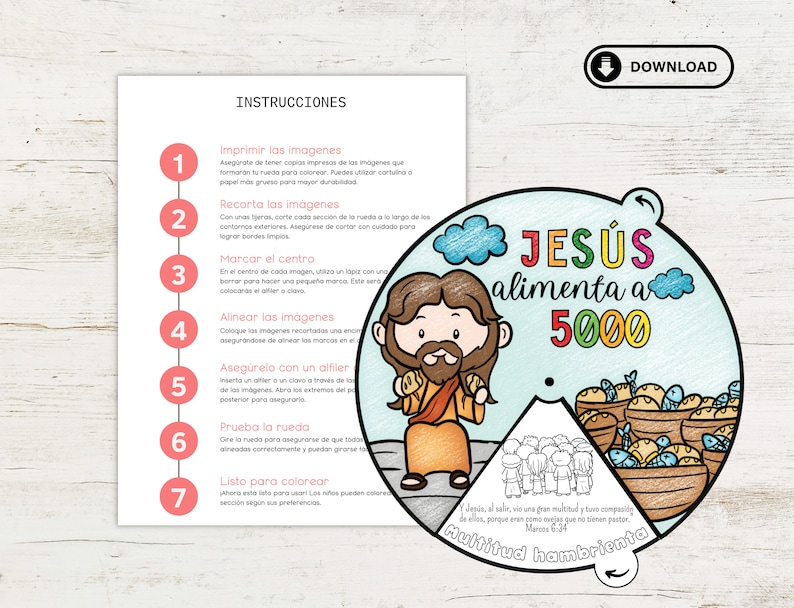 Jesus Feeds 5,000 Coloring Wheel IN SPANISH, Jesus Miracle Coloring ...