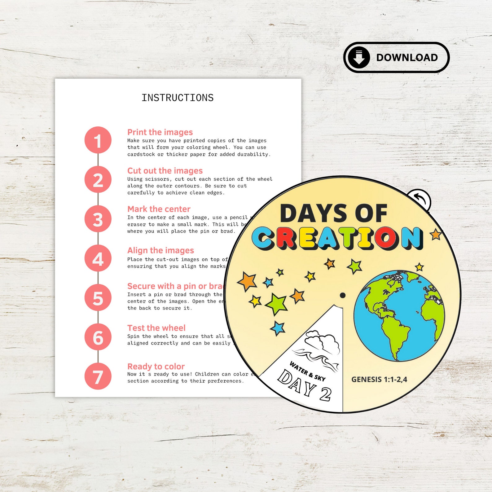 Days of Creation Coloring Wheel Bible Story Wheel Kids Bible Lesson ...