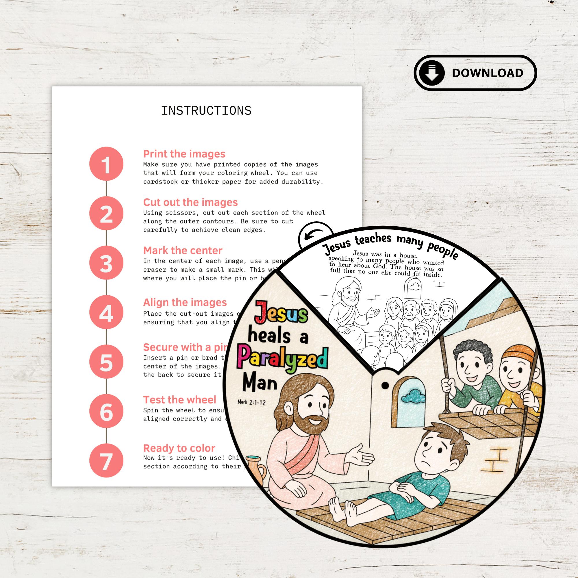 Jesus Heals a Paralyzed Man - Coloring Wheel | Bible Story Activity for ...