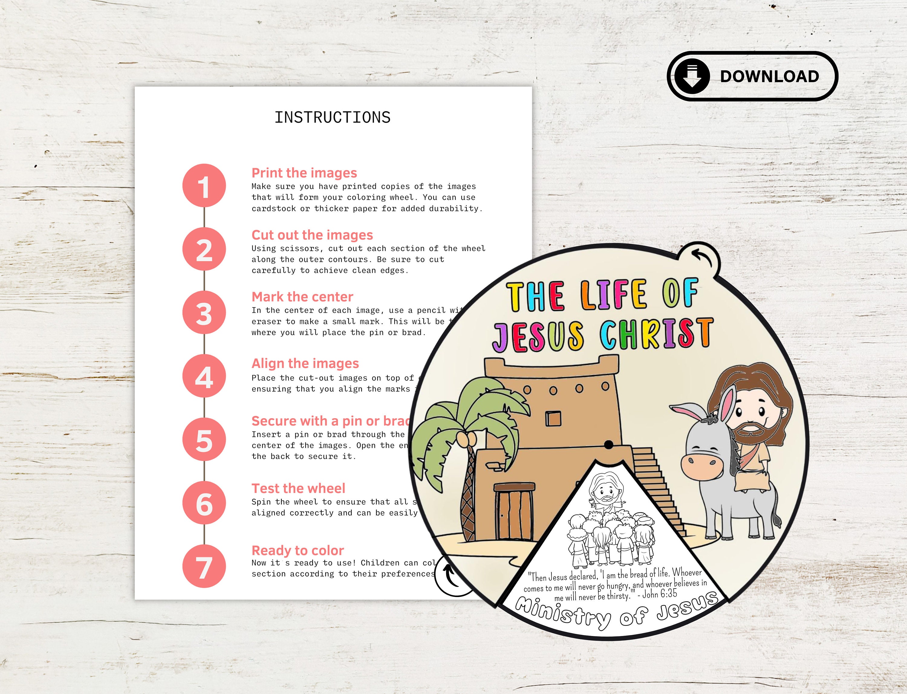 The Life of Jesus Christ Coloring Wheel Bible Story Wheel Printable ...