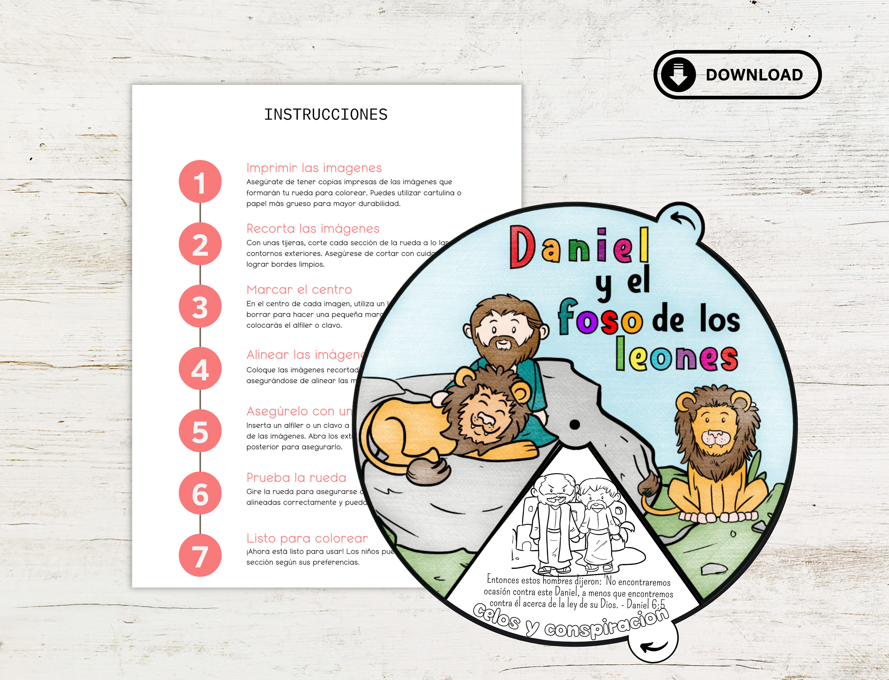 Daniel and the Lions Den Coloring Wheel IN SPANISH Bible Story Wheel Printable Bible Activity ...