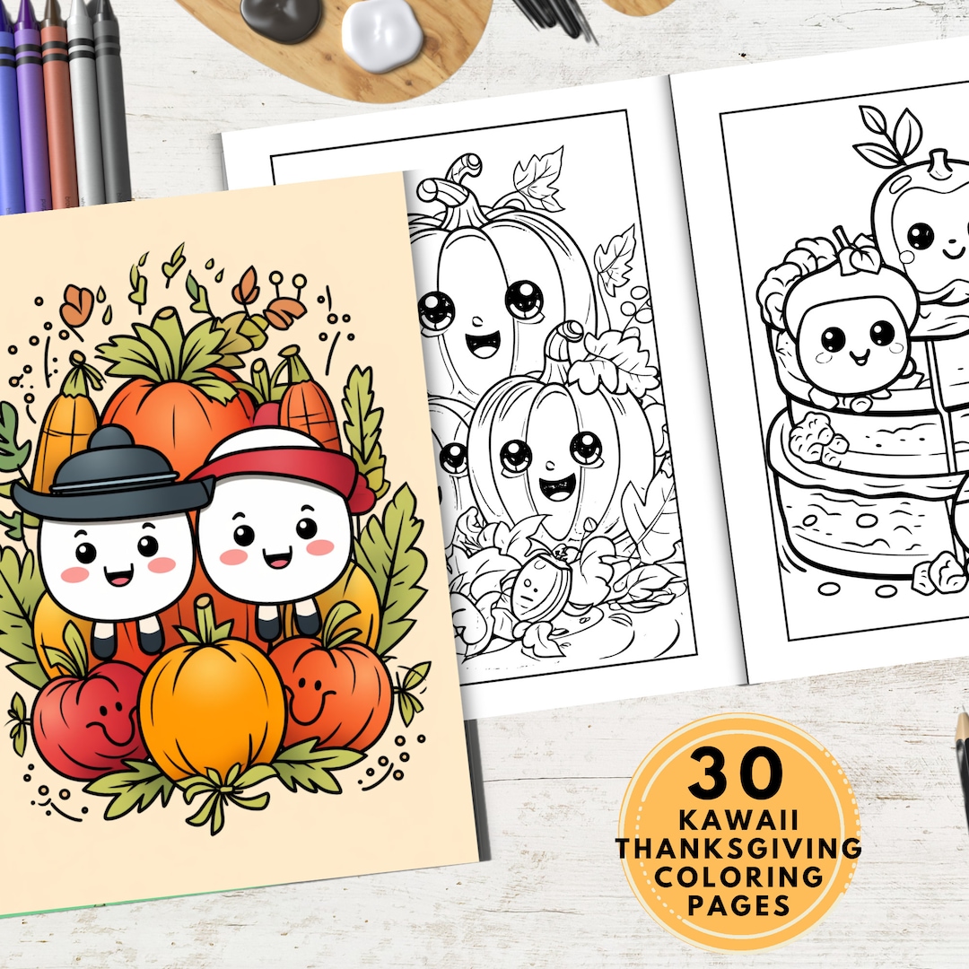 Kawaii Thanksgiving Coloring Pages, 30 Pages, Cute Coloring, Kawaii ...