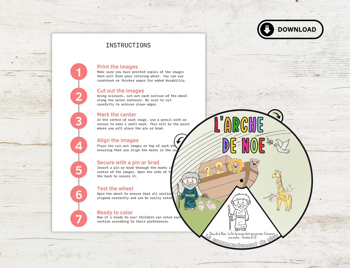 Noahs Ark Coloring Wheel FRENCH Bible Story Activities Printable Bible ...
