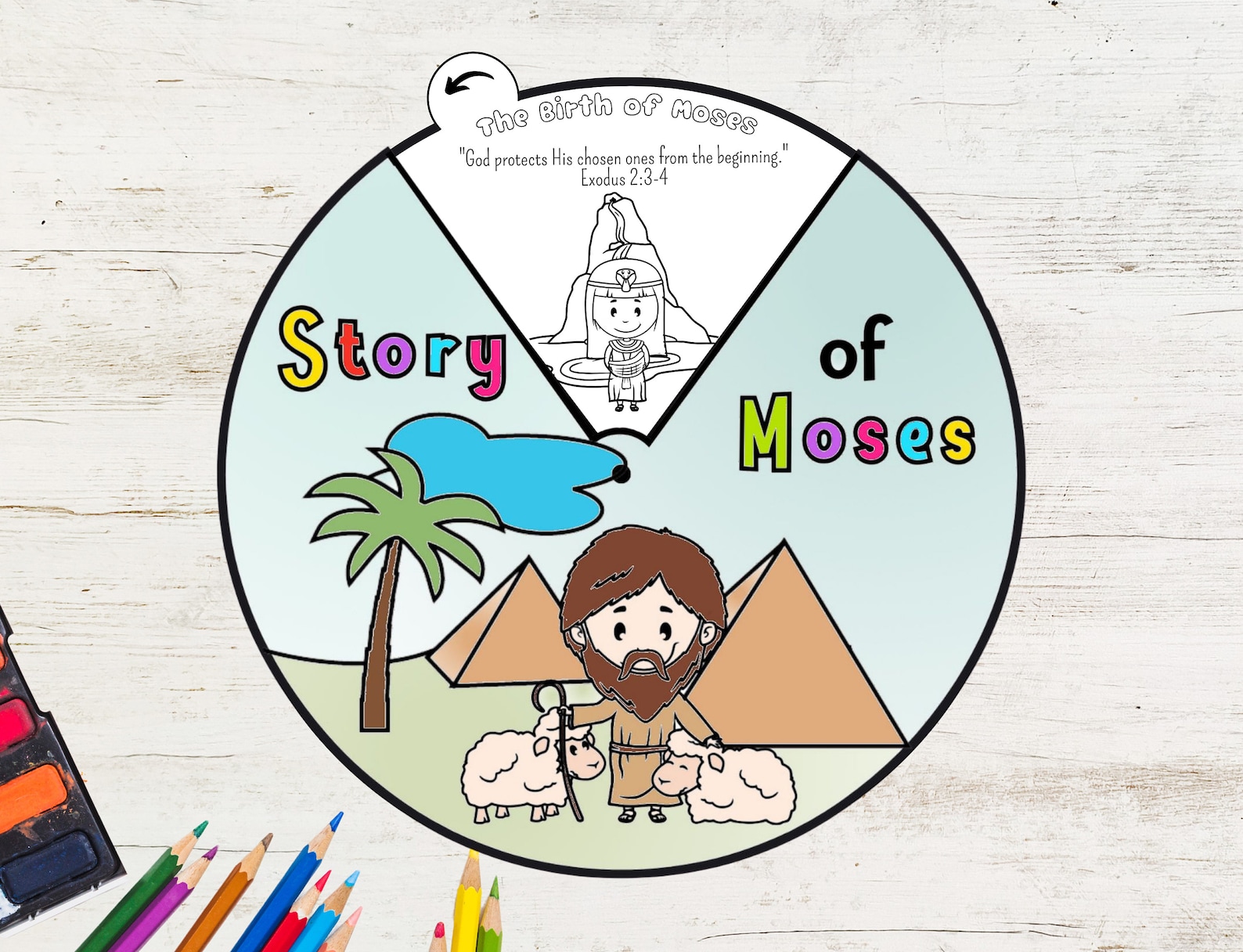 Story of Moses Coloring Wheel, Bible Coloring Wheel, Printable Bible ...