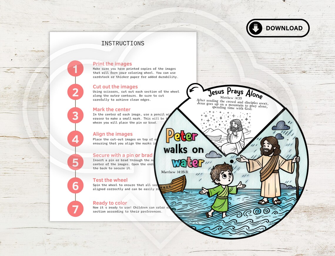 Peter Walks on Water, Coloring Wheel, Bible Story Activity for Kids ...