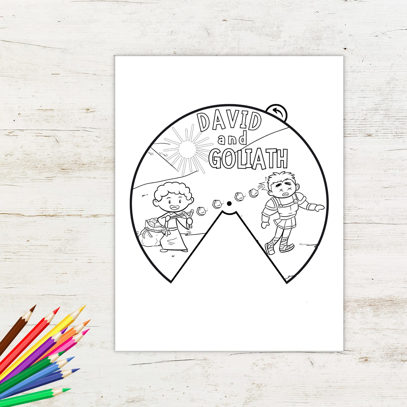 David and Goliath Coloring Wheel, Printable Bible Activity, Watercolor ...