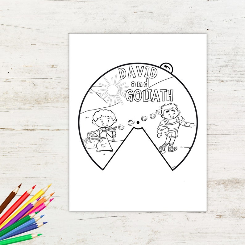 David and Goliath Coloring Wheel, Printable Bible Activity, Watercolor ...