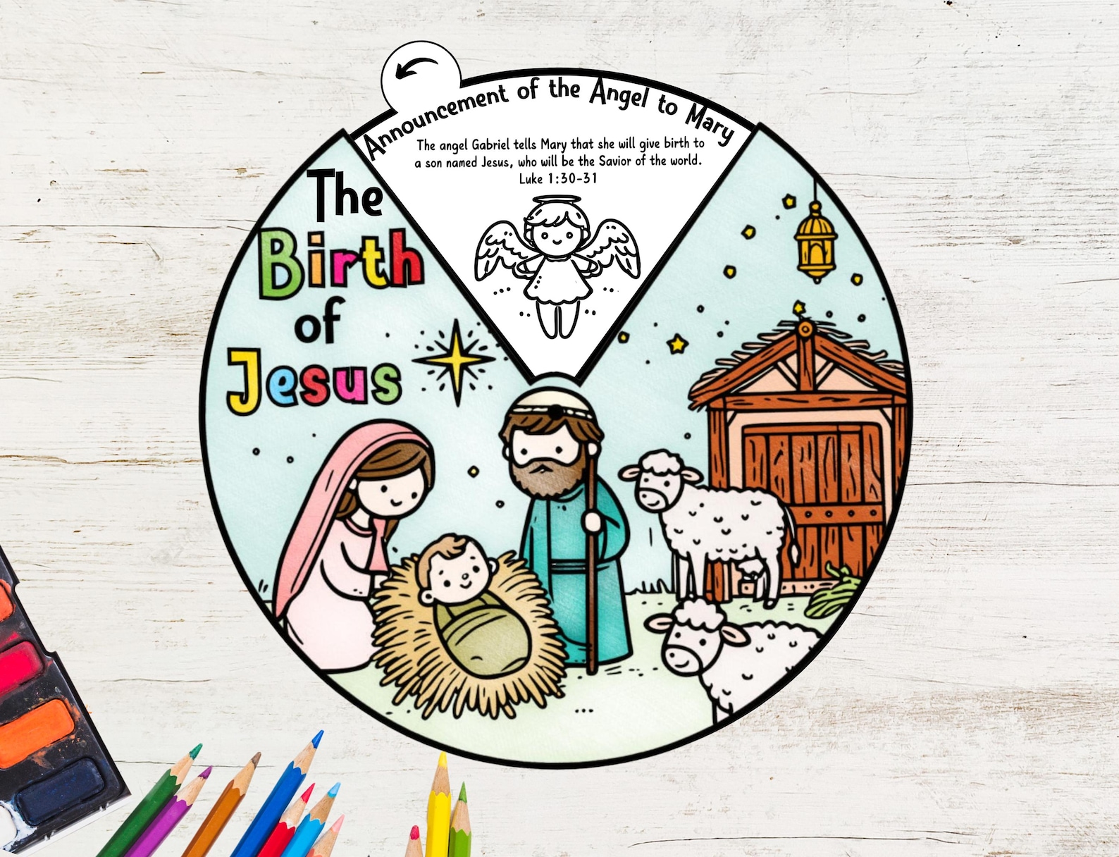 The Birth of Jesus Coloring Wheel, Nativity Story Coloring Wheel ...