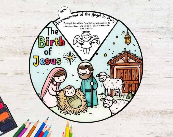 Birth of Jesus Coloring Wheel, Printable Nativity Christmas Activity ...