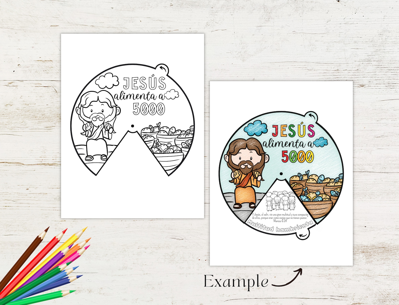 Jesus Feeds 5,000 Coloring Wheel IN SPANISH, Jesus Miracle Coloring ...