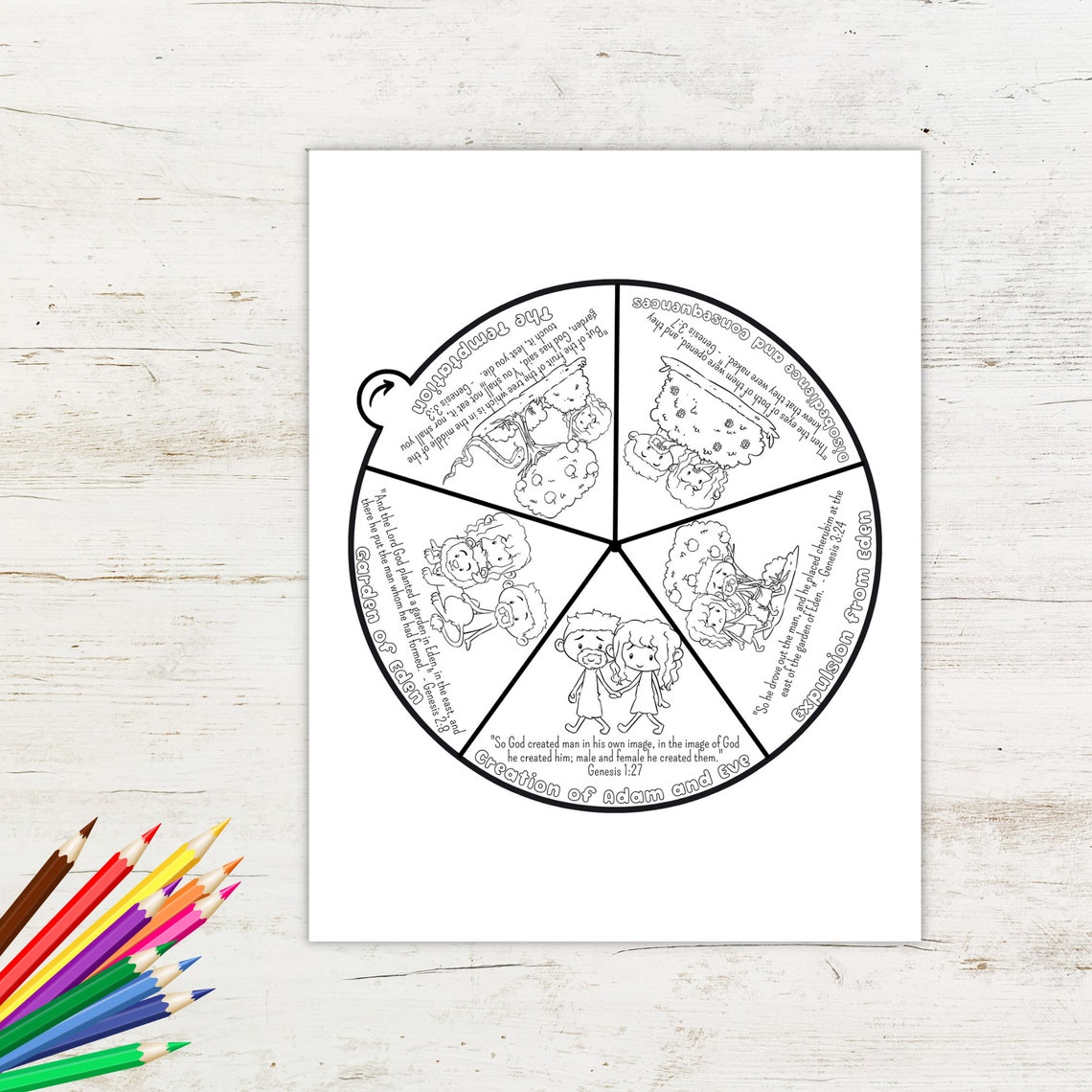 Adam and Eve Coloring Wheel Bible Story Wheel Printable Bible Activity ...