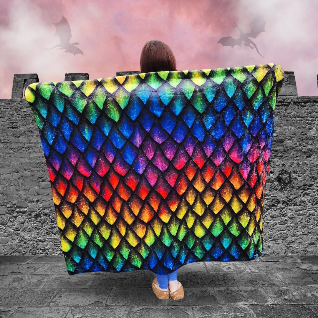 Cozy Rainbow Dragon Scale Reading Blanket With Crushed Velvet and White ...