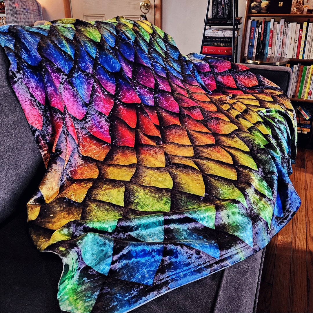 Cozy Rainbow Dragon Scale Reading Blanket With Crushed Velvet and White ...