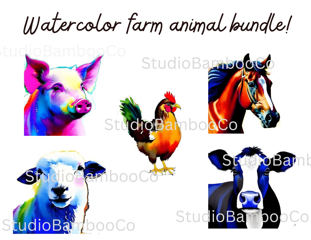 Watercolor Farm Animal Clipart Bundle - Includes Chicken, Pig, Horse ...