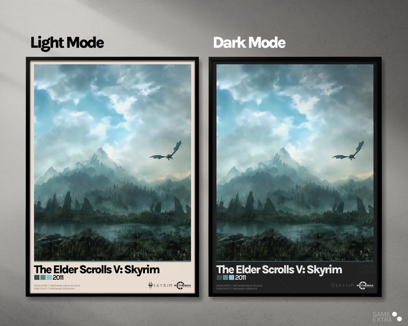 Skyrim Poster Light & Dark Mode Minimalist Physical Print Video Game ...