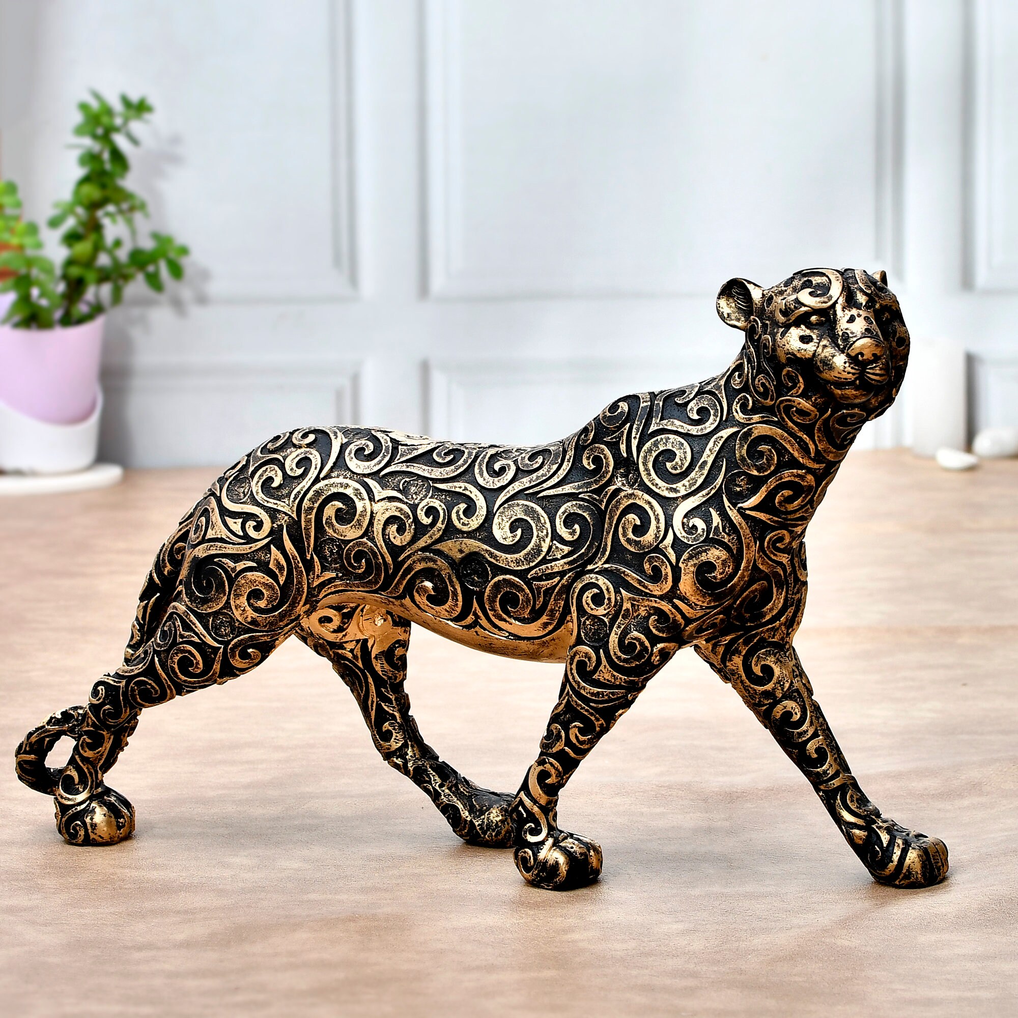 Black Leopard Statue Sitting on Table, Hand-painted Resin Leopard ...