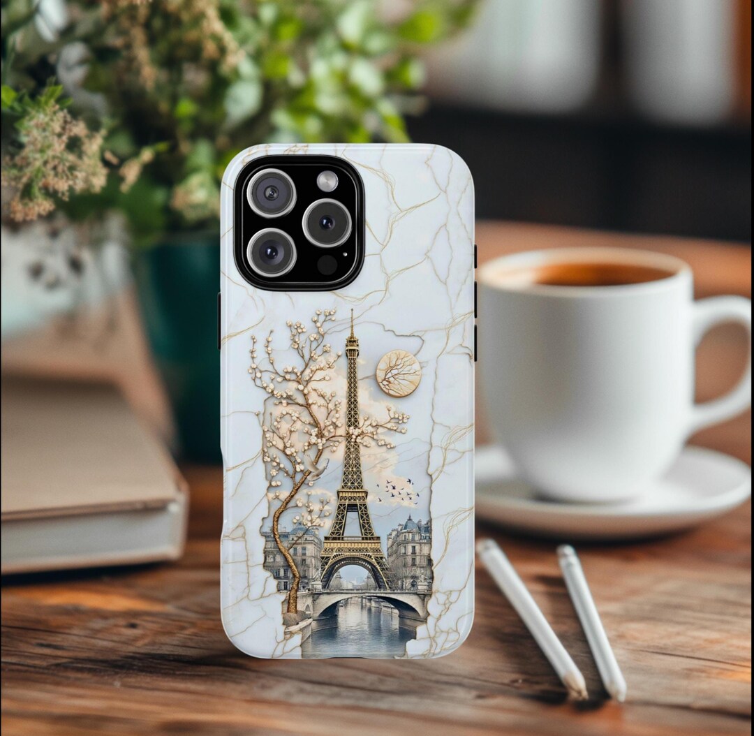 Eiffel Tower and Seine River Phone Case, Paris Landmark Art With Gold ...