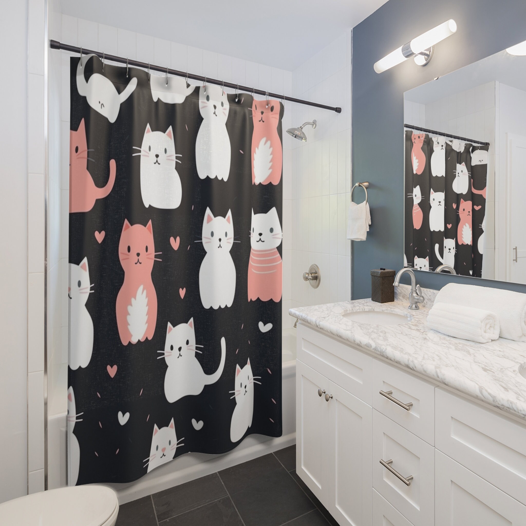 Cat Shower Curtains Home Decor Bathroom Decor White and Pink Cats - Etsy