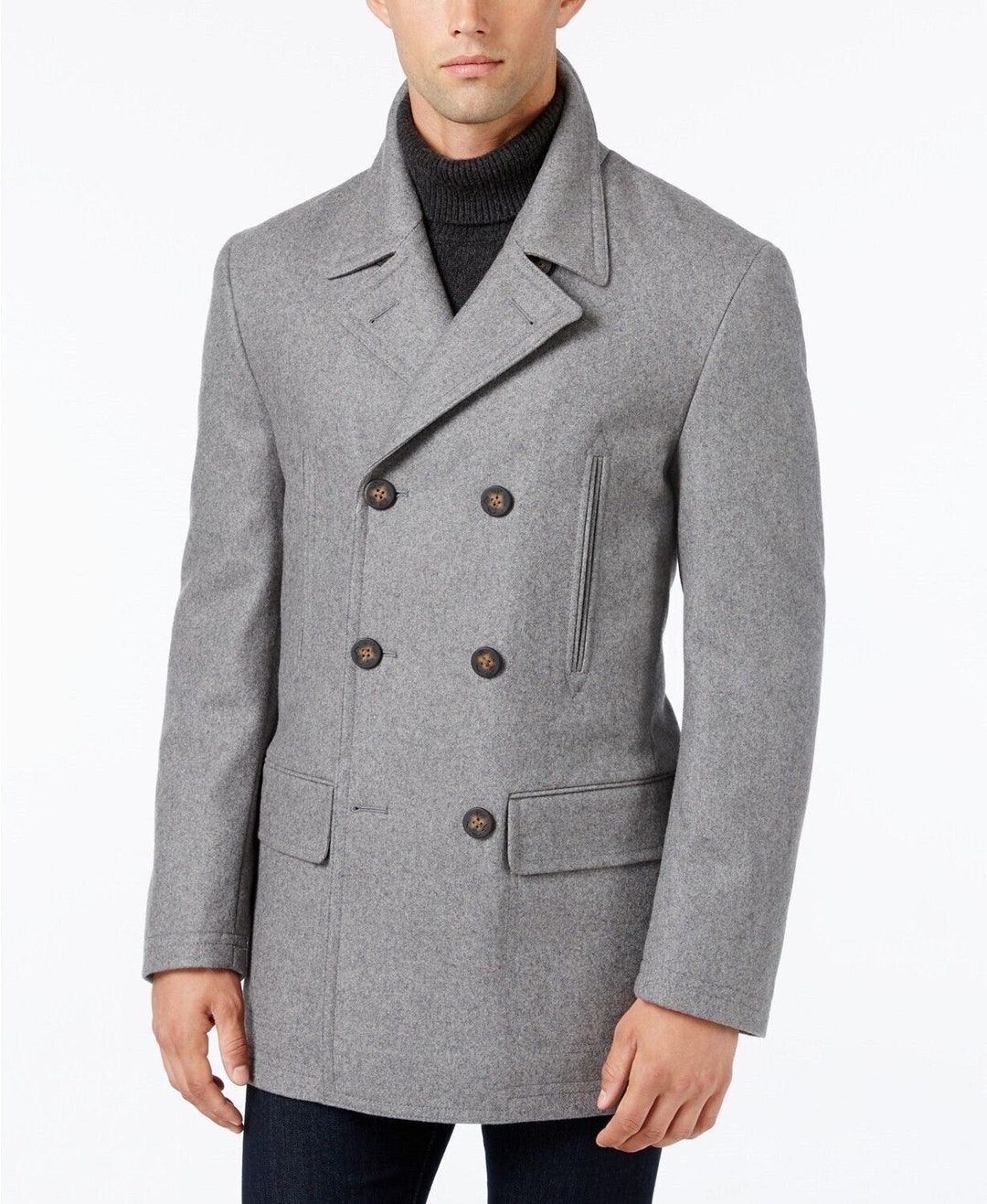 Mens Wool Double Breasted Pea Coat Jacket Military Grey Etsy