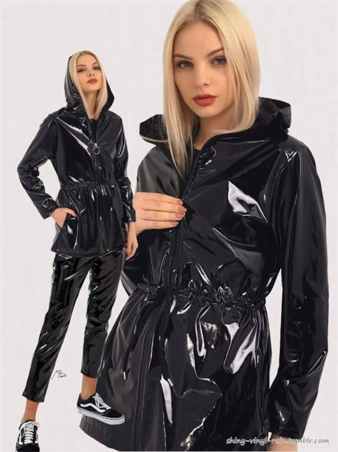 PVC Black Patent Pants and Leather PARKA, PVC Raincoat, Vinyl Eco Trench Coat Patent - Etsy UK