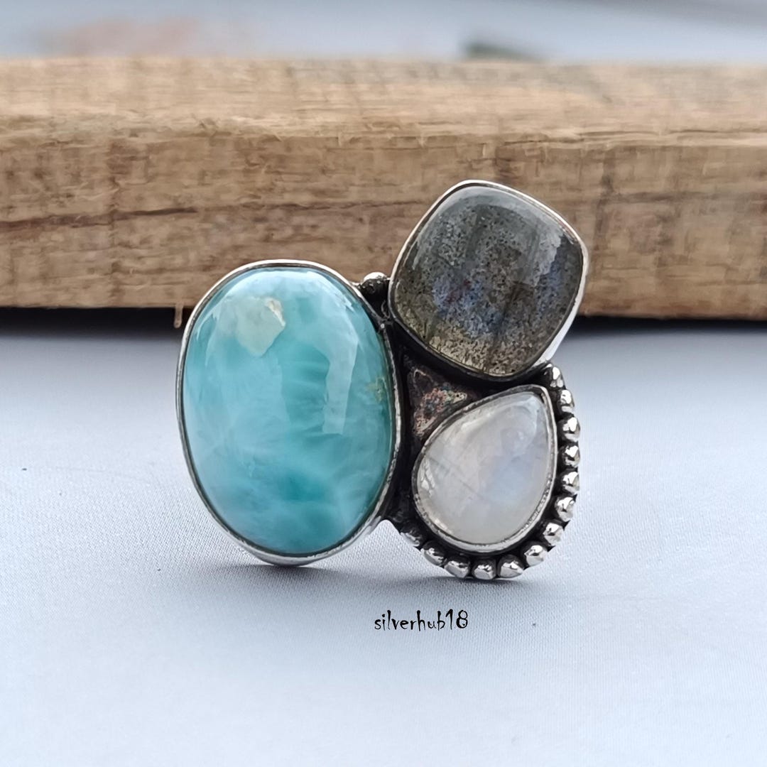 Larimar Labradorite Moonstone Ring: Handmade Sterling Silver Band - Etsy