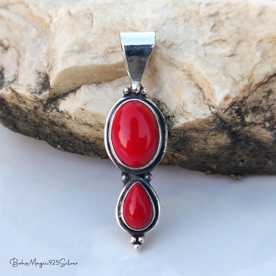 Red Coral Sterling Silver Pendant Necklace: Handmade Boho Jewelry - Etsy