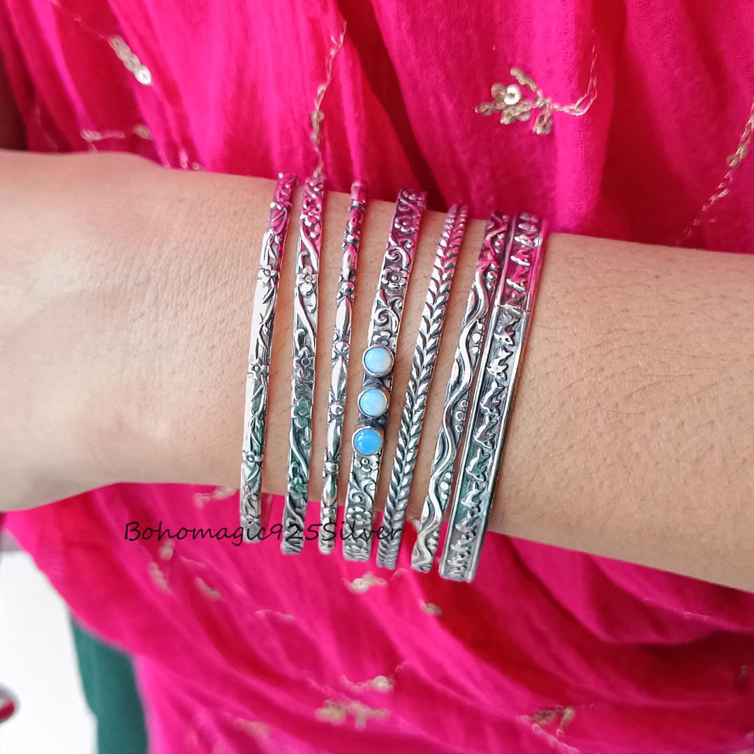 Opal 7 Set of Bangles, Gemstone Bangle Set, 7 Day Bangles, Sterling ...