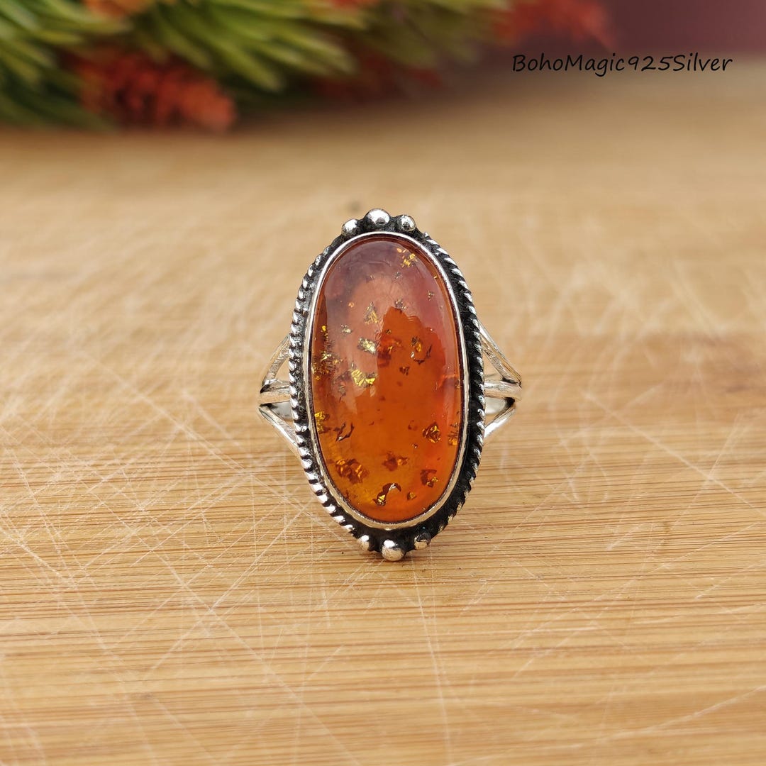 Sterling Silver Ring | Amber Ring Jewelry | Natural Baltic Cognac Amber ...