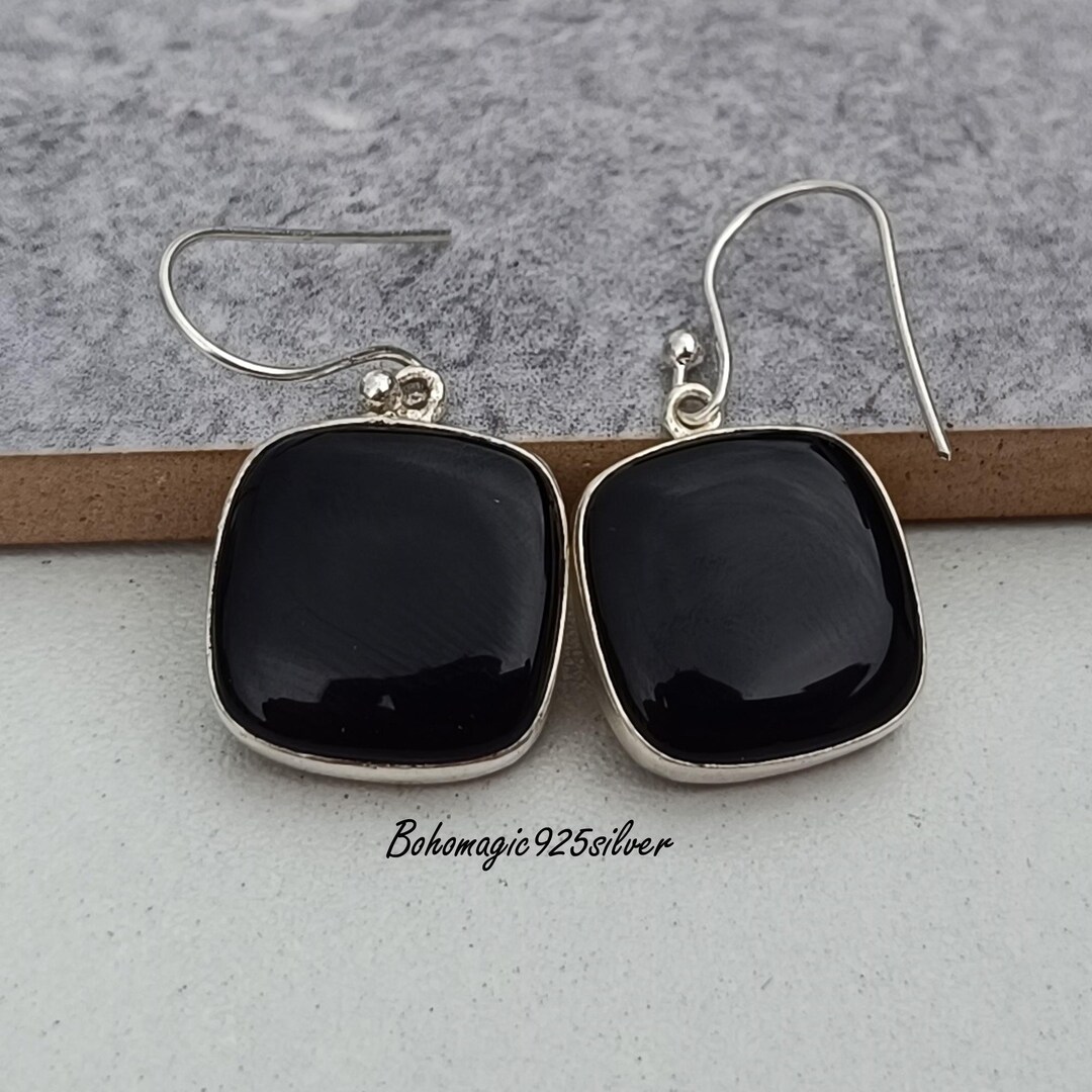 Black Onyx Earring ~ 925 Sterling Silver Earring ~ Handmade Earring ~ Square Stone Earring ...