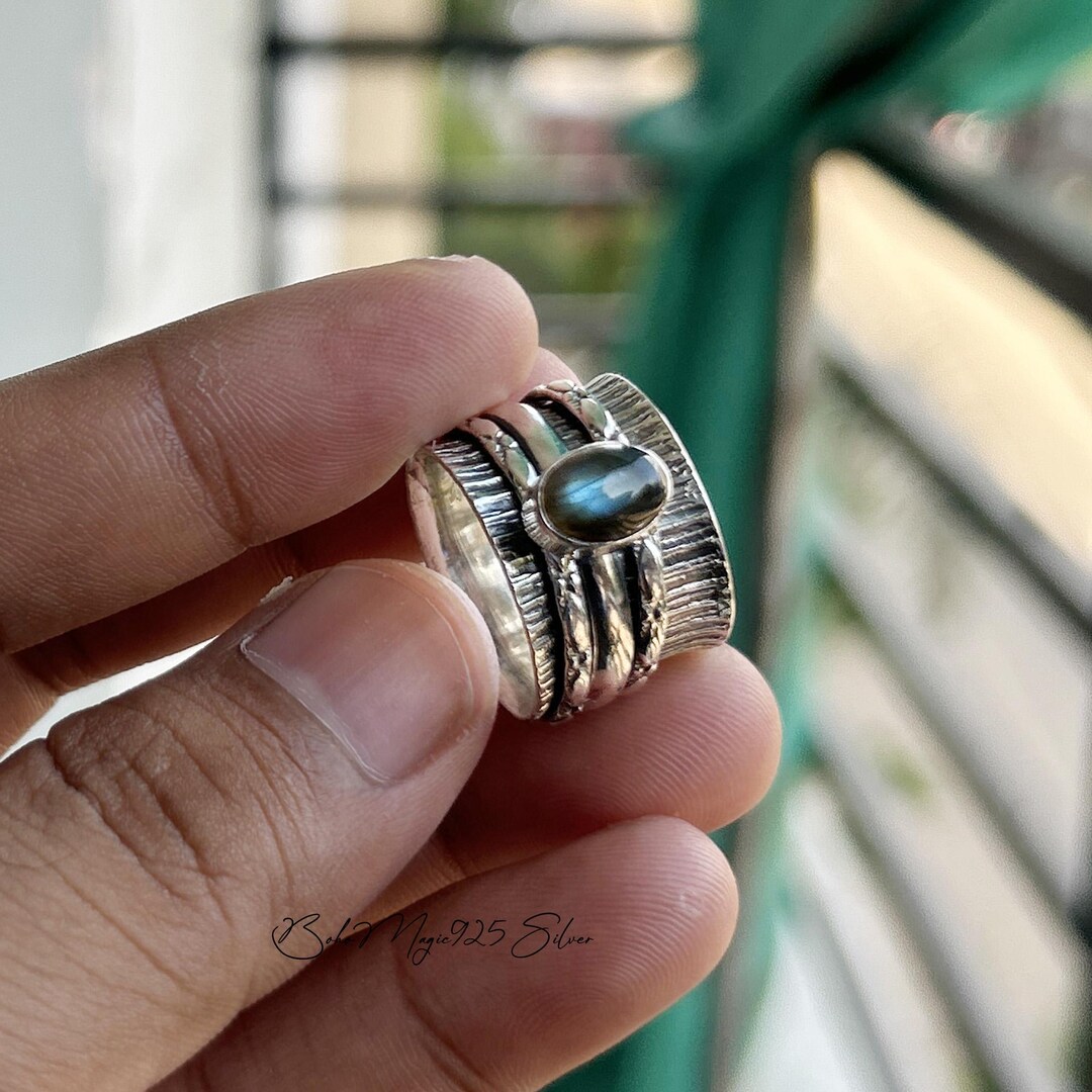 Handmade Labradorite Spinner Ring: Wide Band 925 Sterling Silver - Etsy
