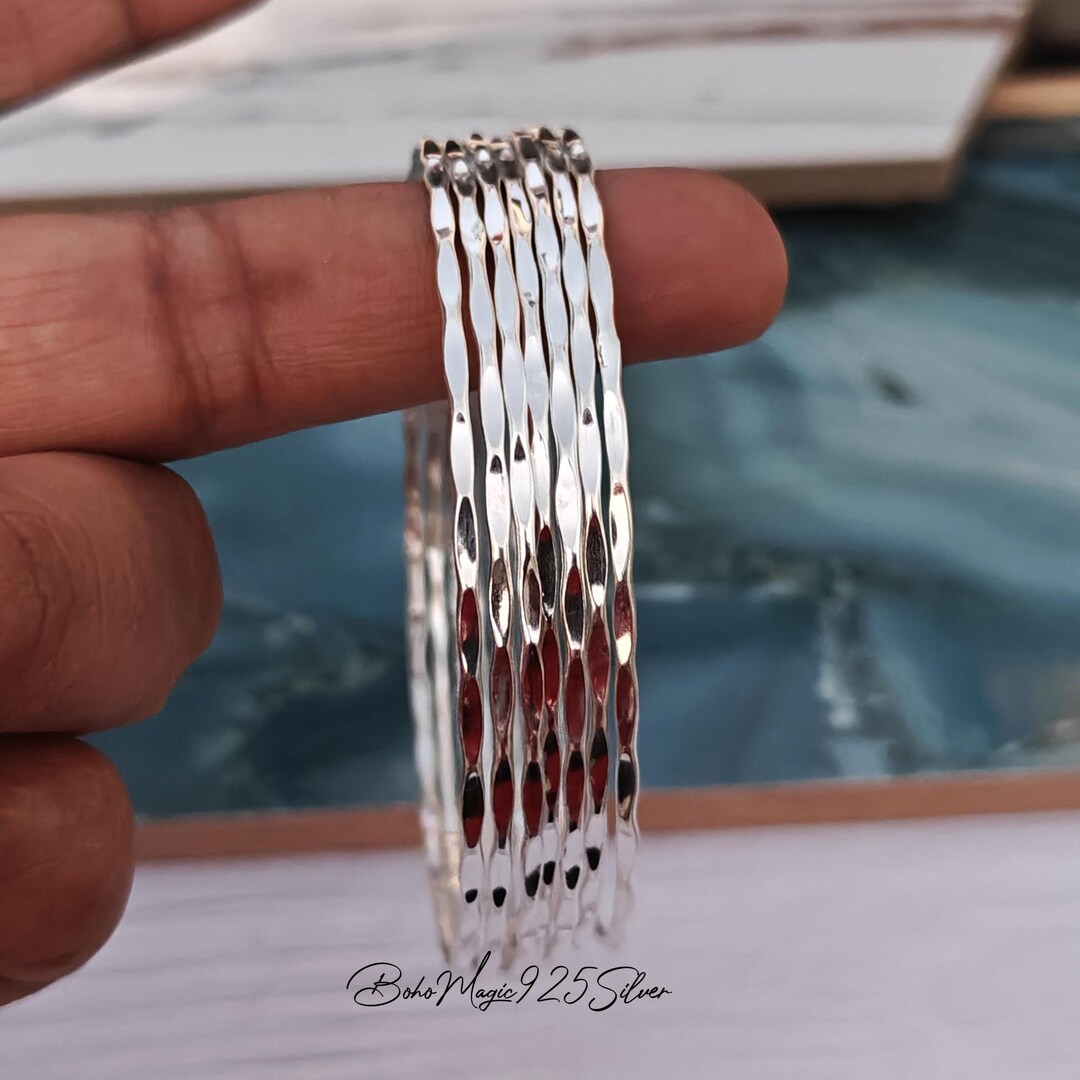 Hammered Sterling Silver Bangle Set - 7 Day Stacking Bangles - Etsy