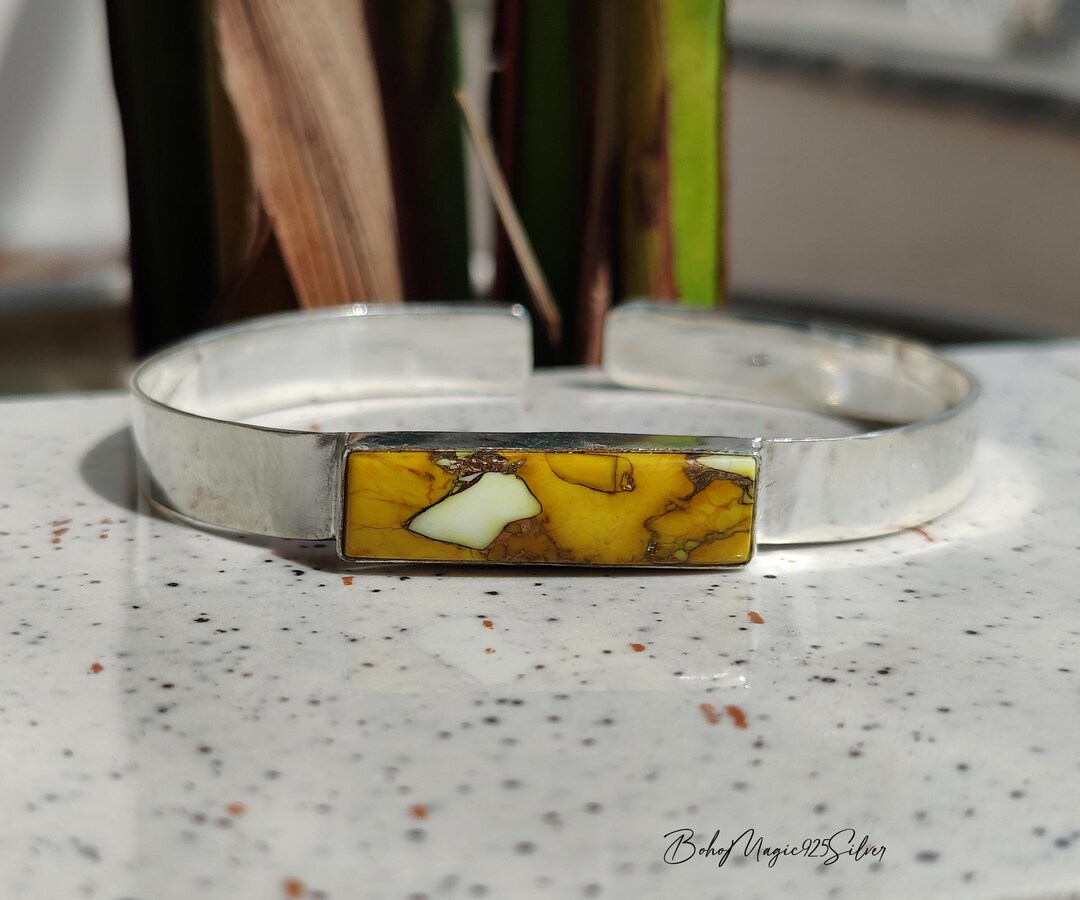 Yellow Copper Turquoise Bangle • Handmade 925 Sterling Silver Bracelet ...