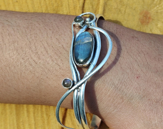 Blue Fire Labradorite Bangle/ Sterling Silver Jewelry/ Gemstone Women ...