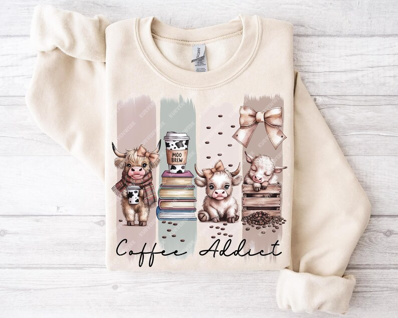 Highland Cow Coquette Png, Coffee Addict Baby Highland Cow, Retro ...