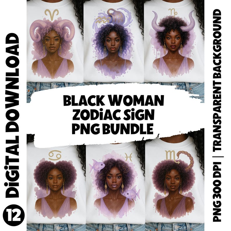 Black Woman Zodiac Sign PNG Bundle, African American Zodiac Horoscope, Melanin Celestial ...