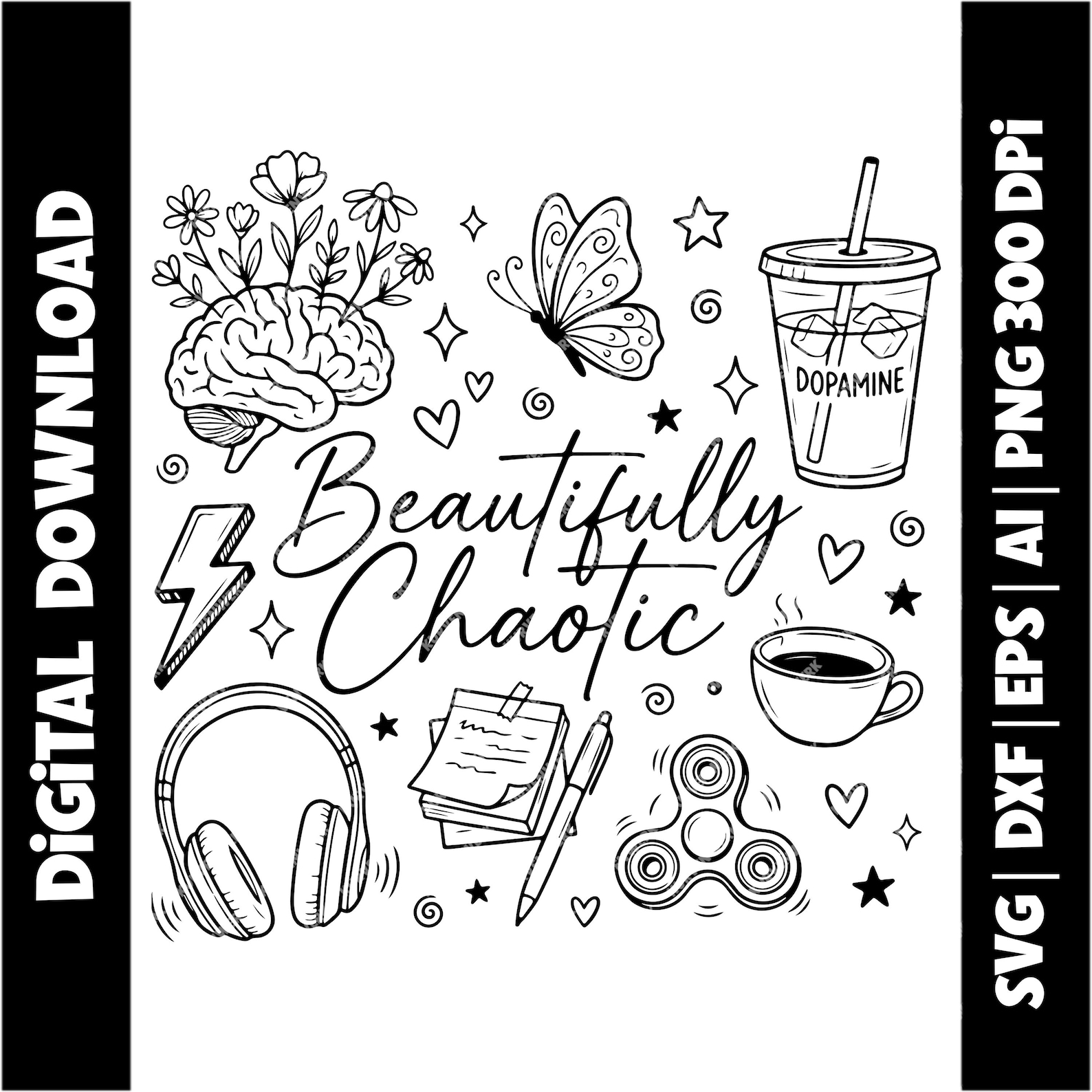 Beautifully Chaotic SVG ADHD Shirt Design Dopamine Coffee Brain PNG ...