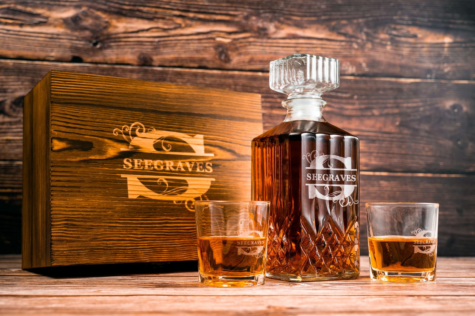 Personalized Whiskey Decanter Set: Engraved Crystal Glass With Wooden ...