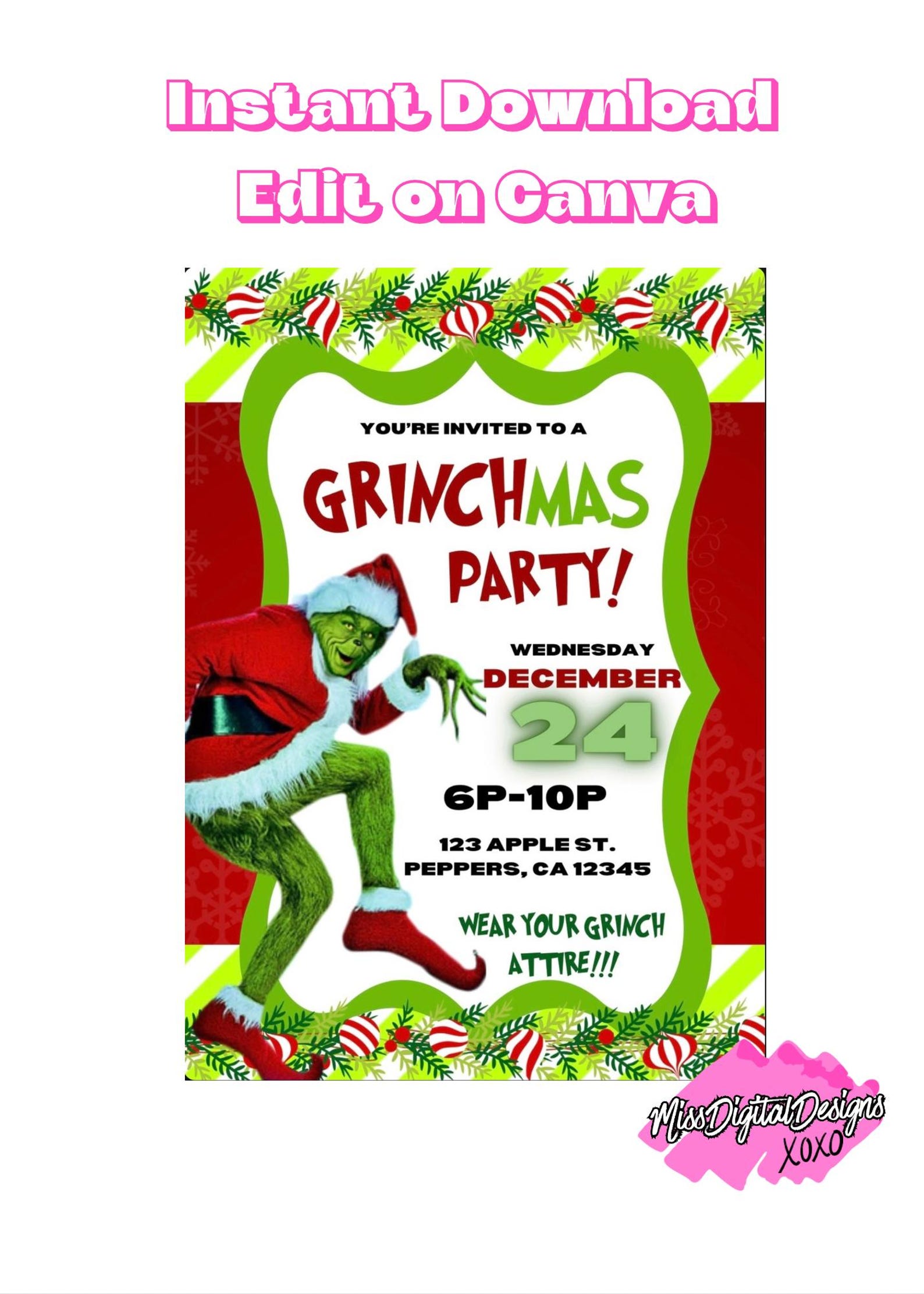 Editable Grinch Party Invitation | Canva | Christmas Party Invite ...