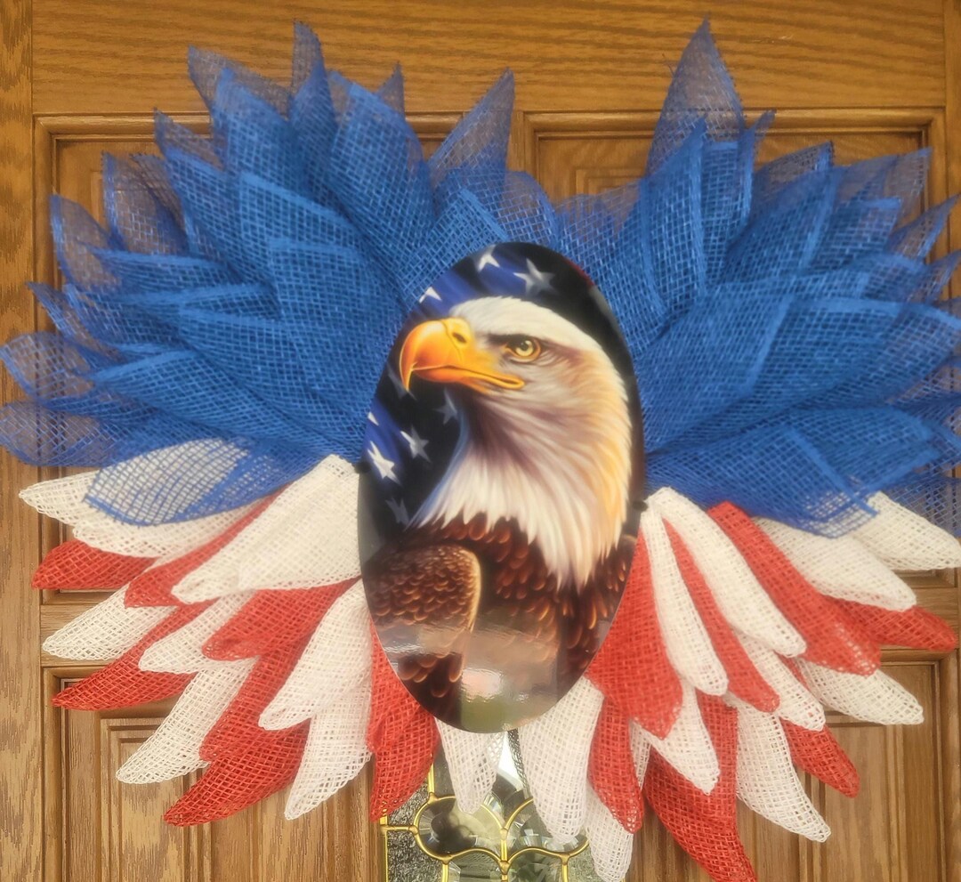 Patriotic Bald Eagle Wreath- Handmade Red, White, and Blue Burlap Mesh ...