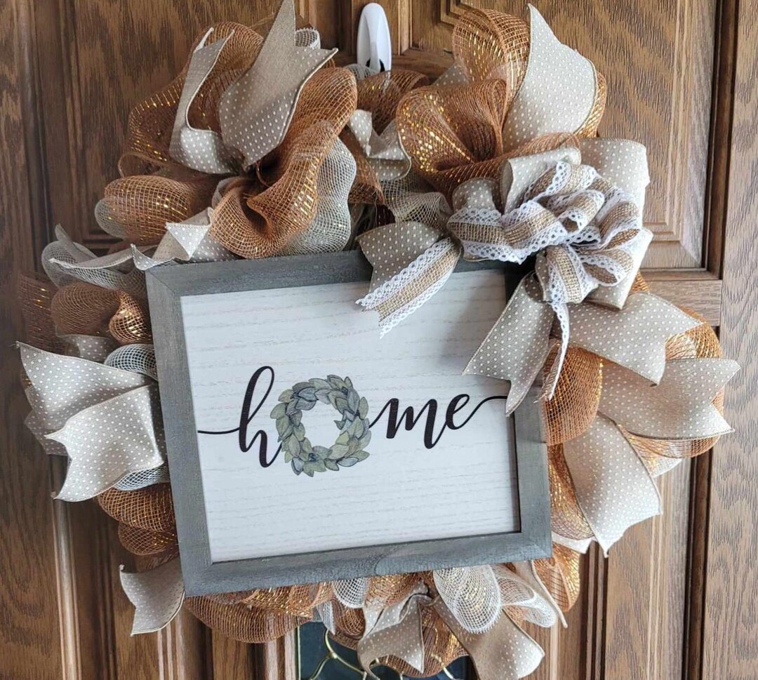 Bronze Home Deco Mesh Wreath, Home Front Door Wreath Neutral Home Deco ...