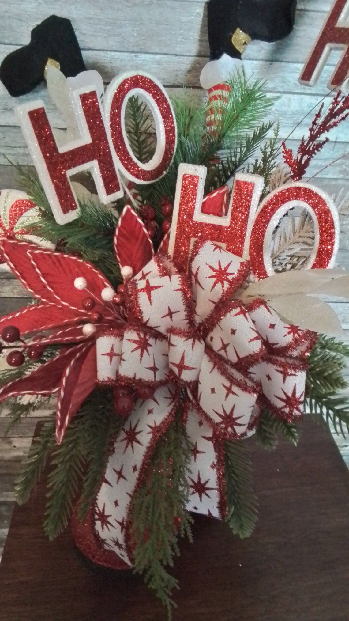 Christmas Santa Boot Floral Centerpiece With Ho Ho Sign- Festive ...
