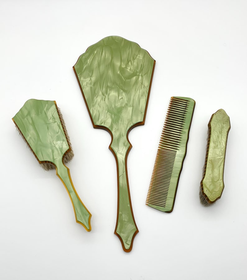 1920-30's Art Deco 4 Pc Green Bakelite Vanity Brush, Comb, Mirror Set ...