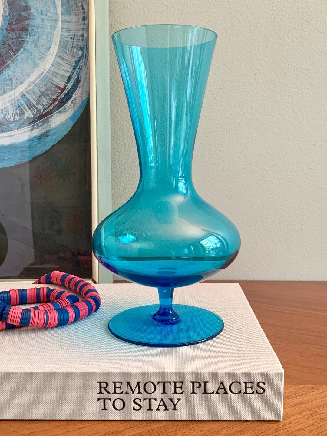 1970's Turquoise Stemmed Glass Vase, Hourglass Shape in the Style of ...