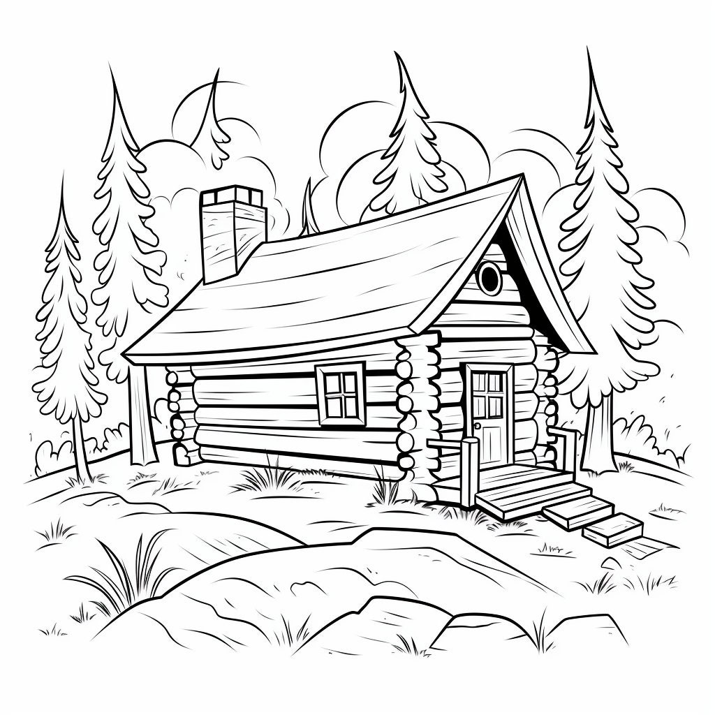 Log Cabin in the Woods - 4 Coloring Pages - Etsy