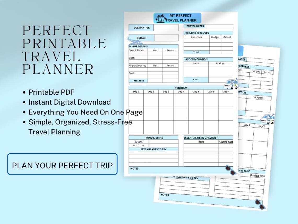 Perfect One Page Travel Planner | Printable Travel Itinerary Template ...